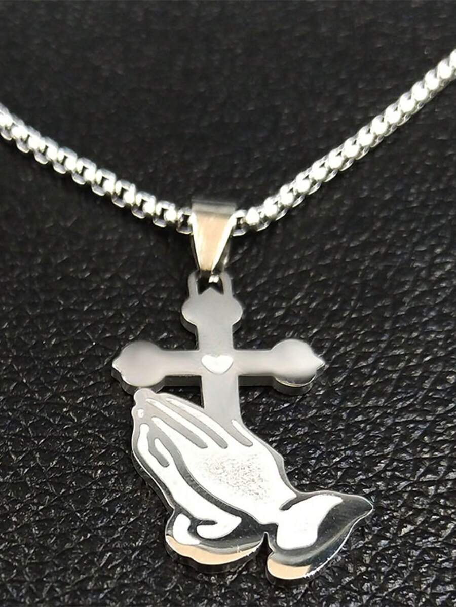 Jesus Cross Praying Hand Stainless Steel Chain Necklaces For Men Gold Color Catholic Religious ...