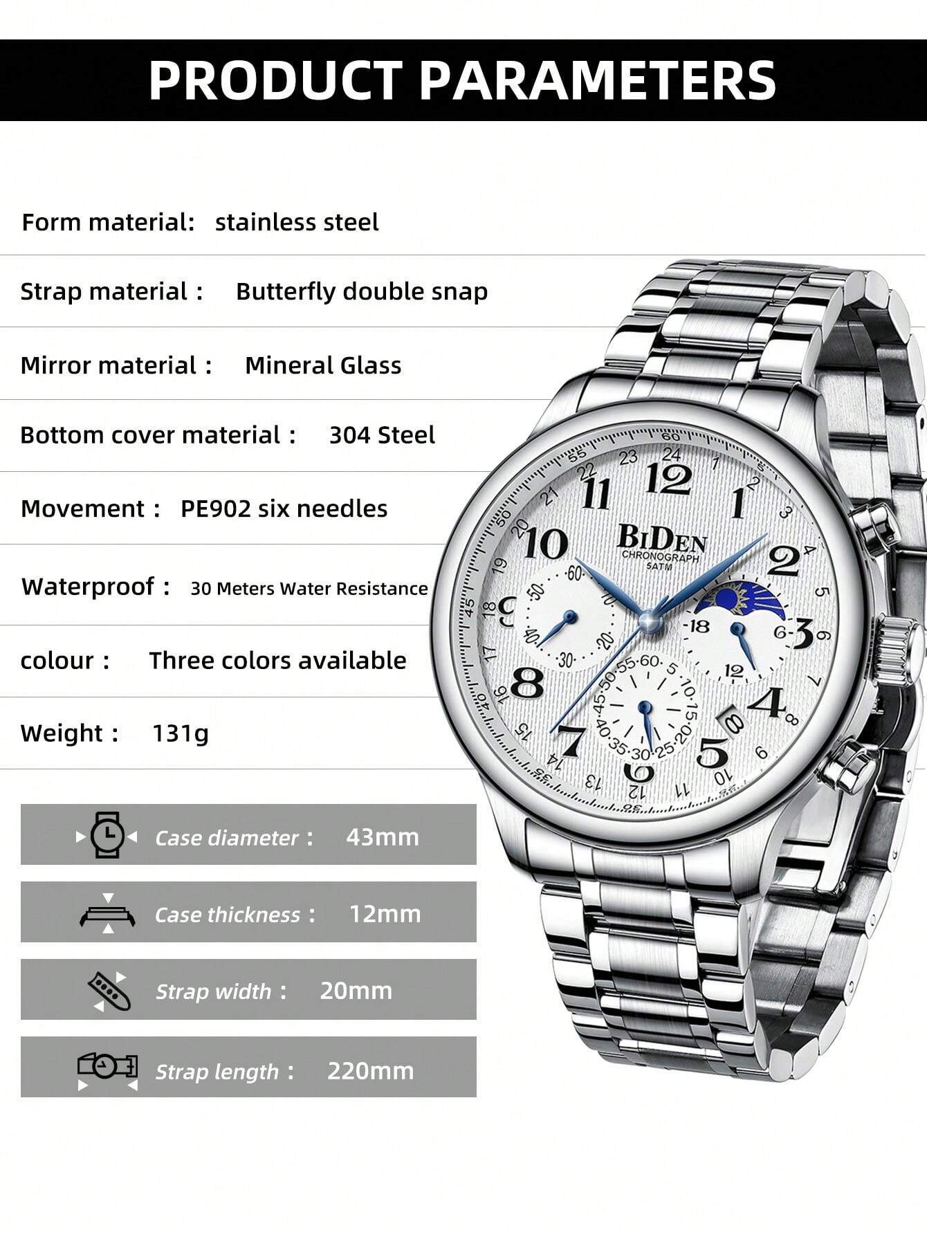 BIDEN Men's Watch Waterproof Six Pin Multi Functional Calendar ...