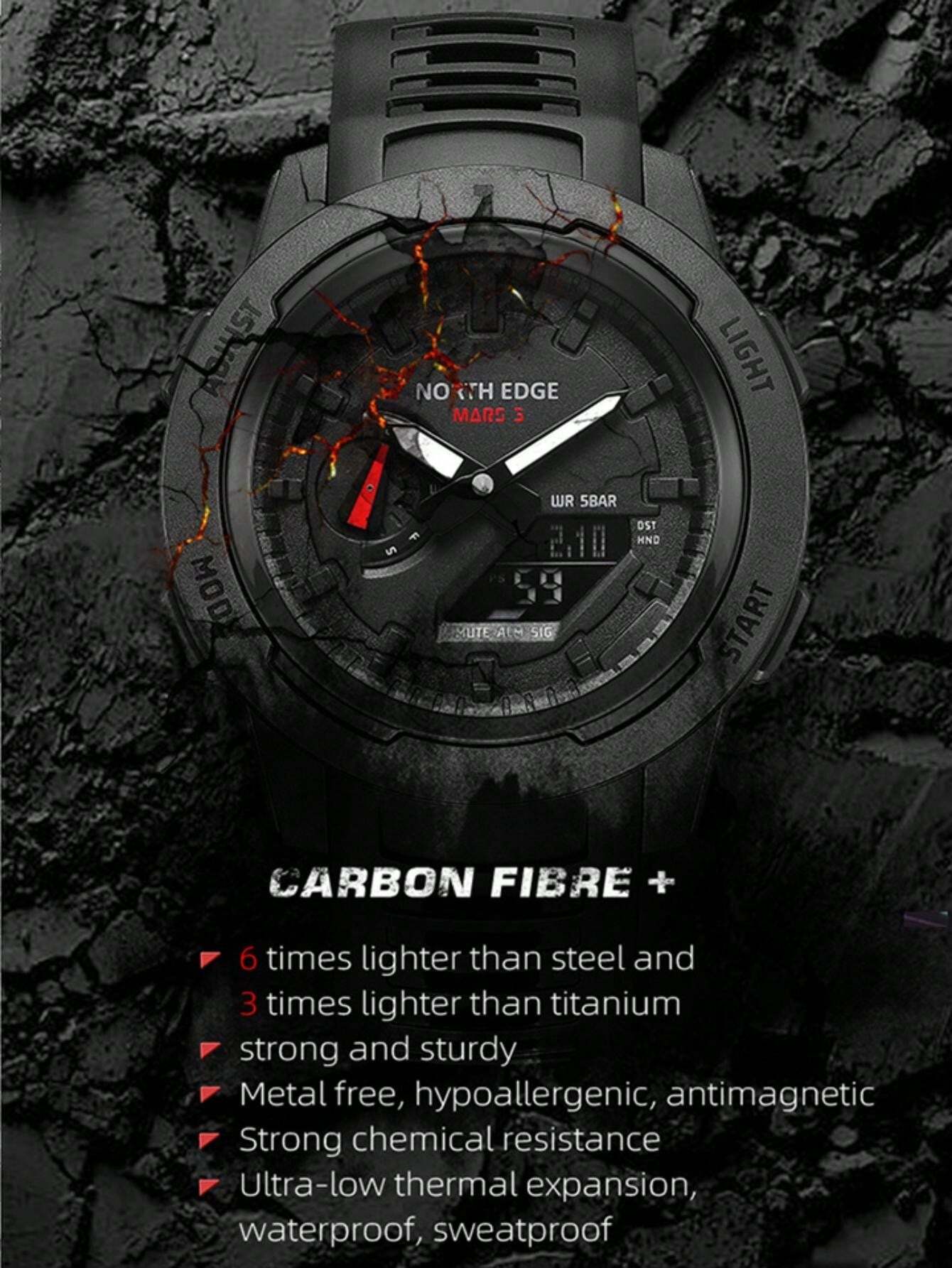 NORTH EDGE MARS 3 שעון גברים דיגיטלי סיבי פחמן נרתיק לגבר עמיד למים 50M ...