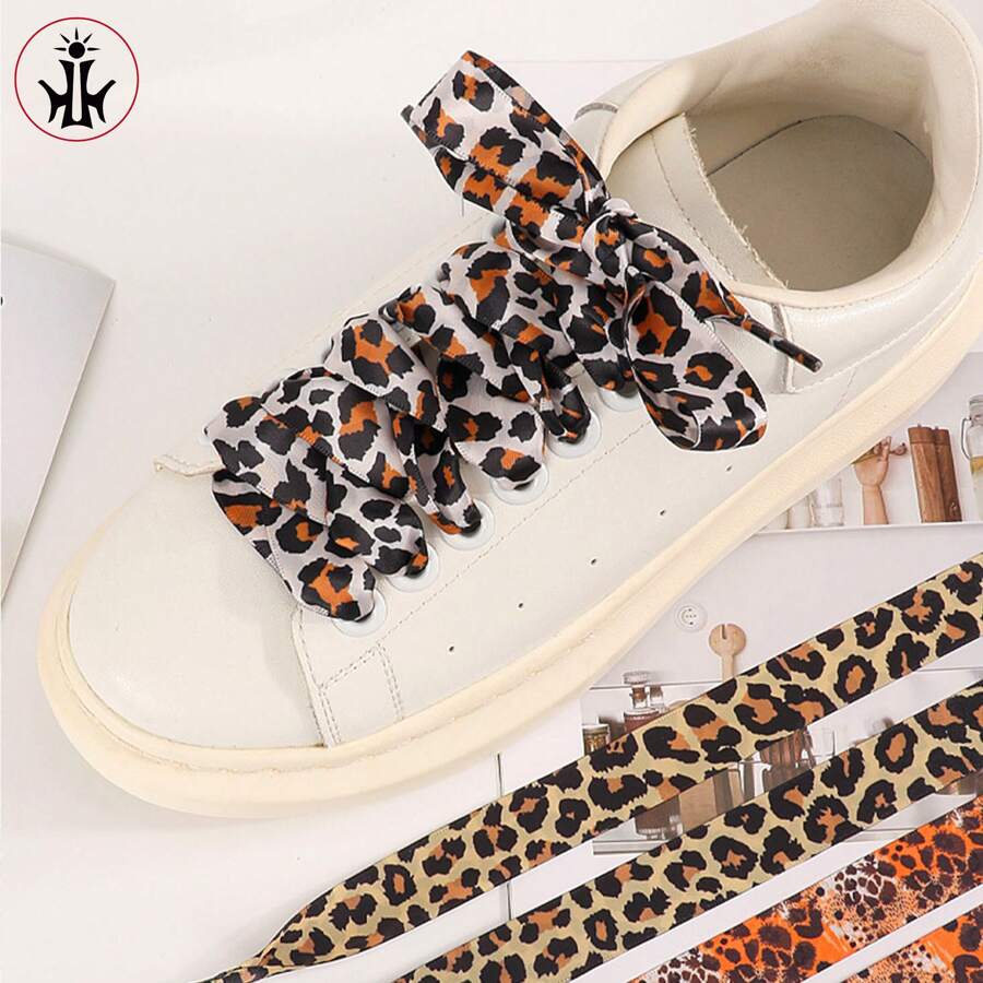 1 Pair Chic Leopard Print Flat Wide Shoelaces, 2cm Width Satin Laces ...