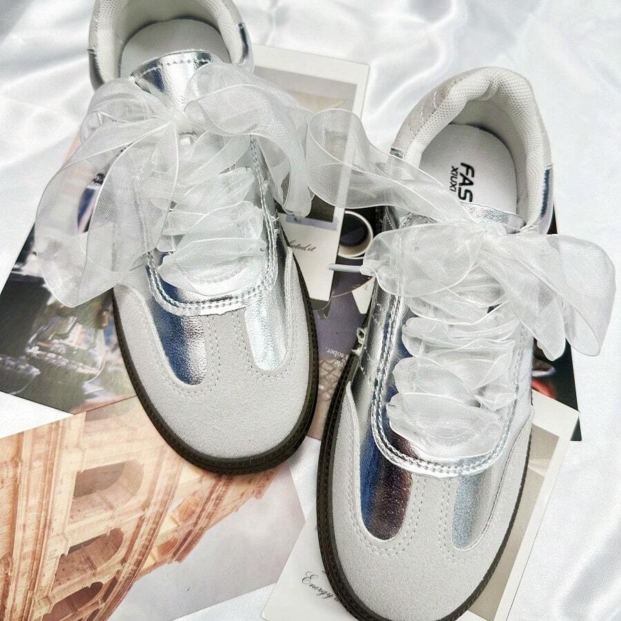 1 Pair Thin Tulle Shoelaces, Wide White & Smoke Grey Lace Shoe Strings ...