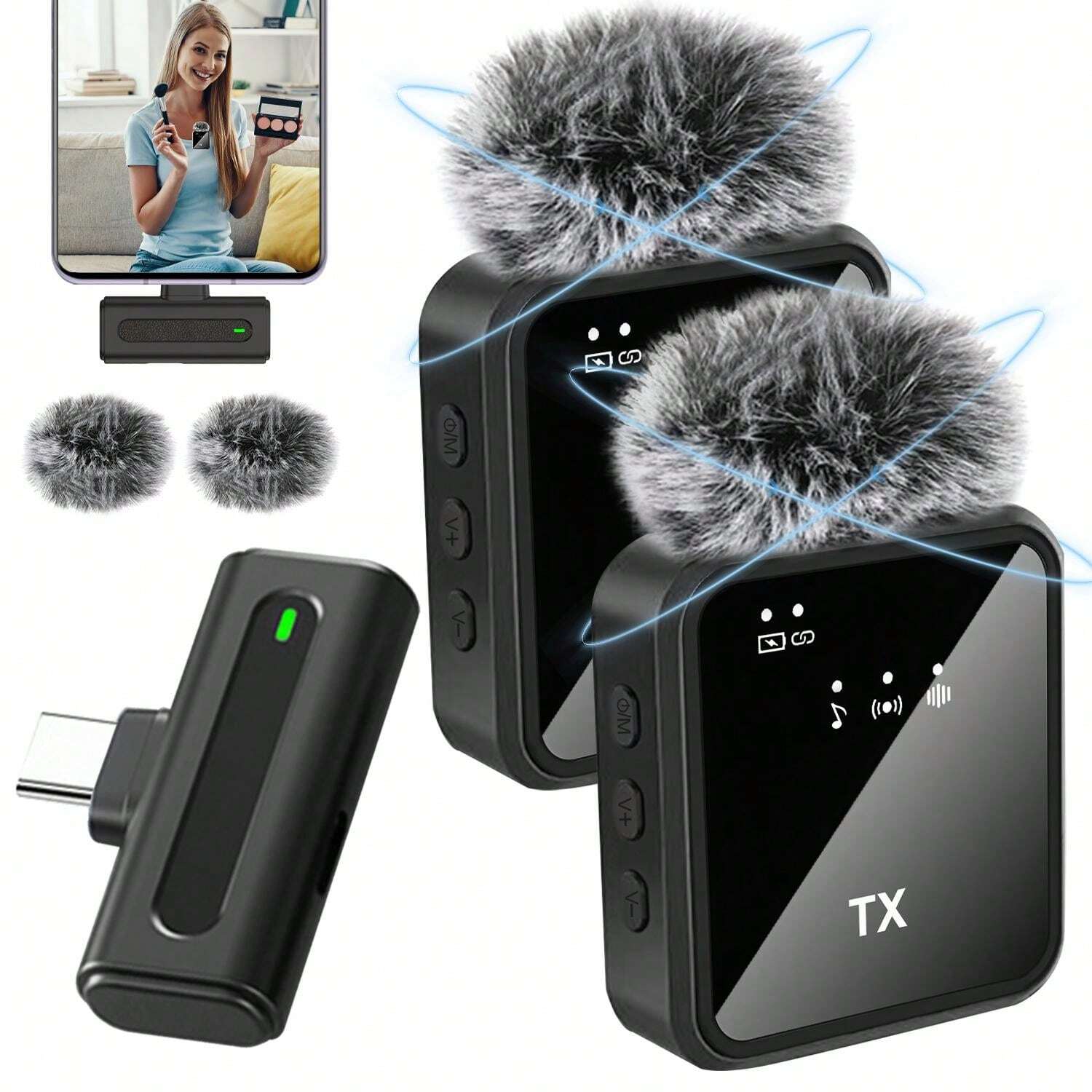 Microfono senza fili a colletto compatibile con iPhone, Type-C, Android ...