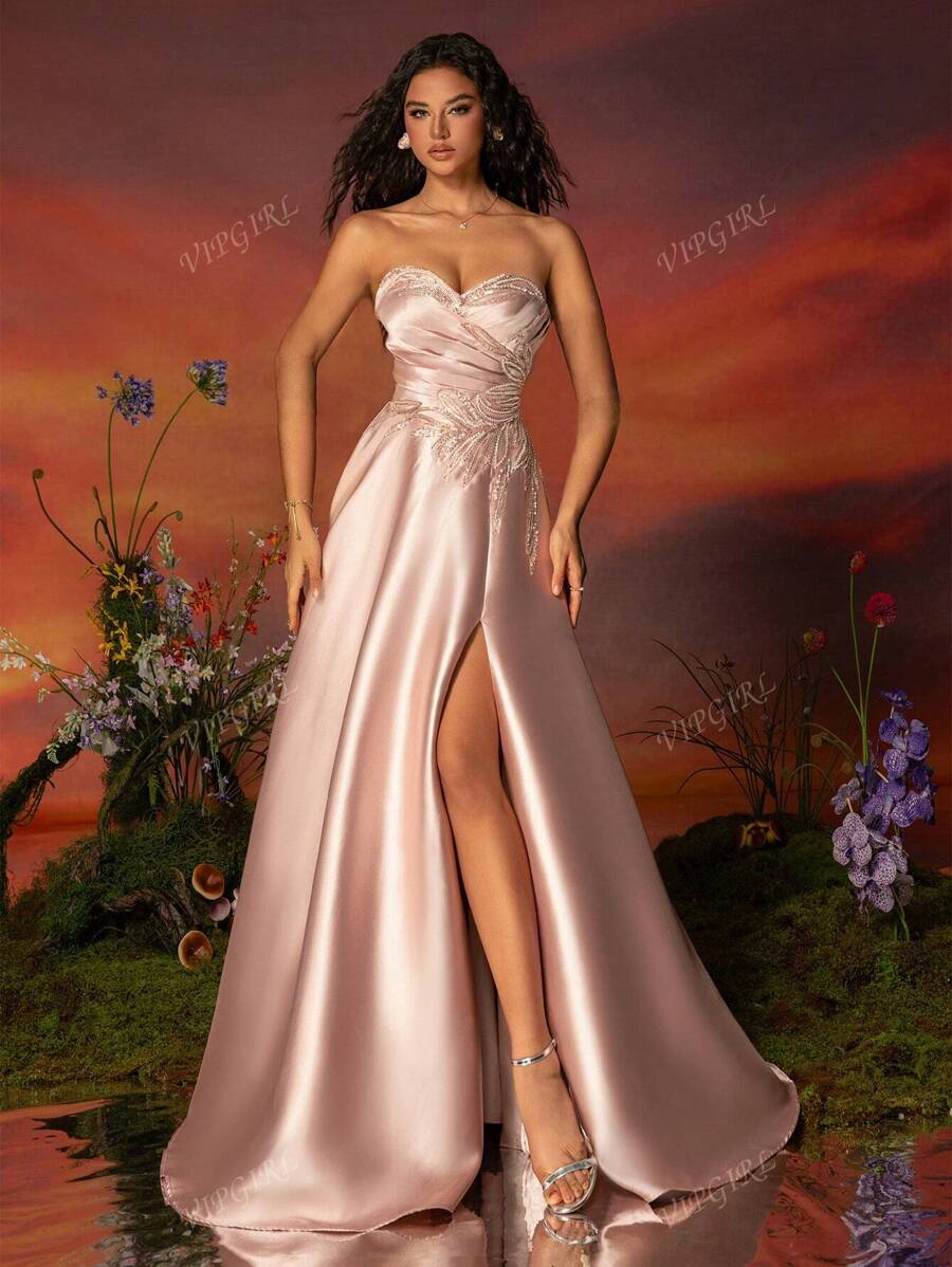VIPGIRL Elegant Satin Strapless A-Line Gown With High Slit And Sequin ...