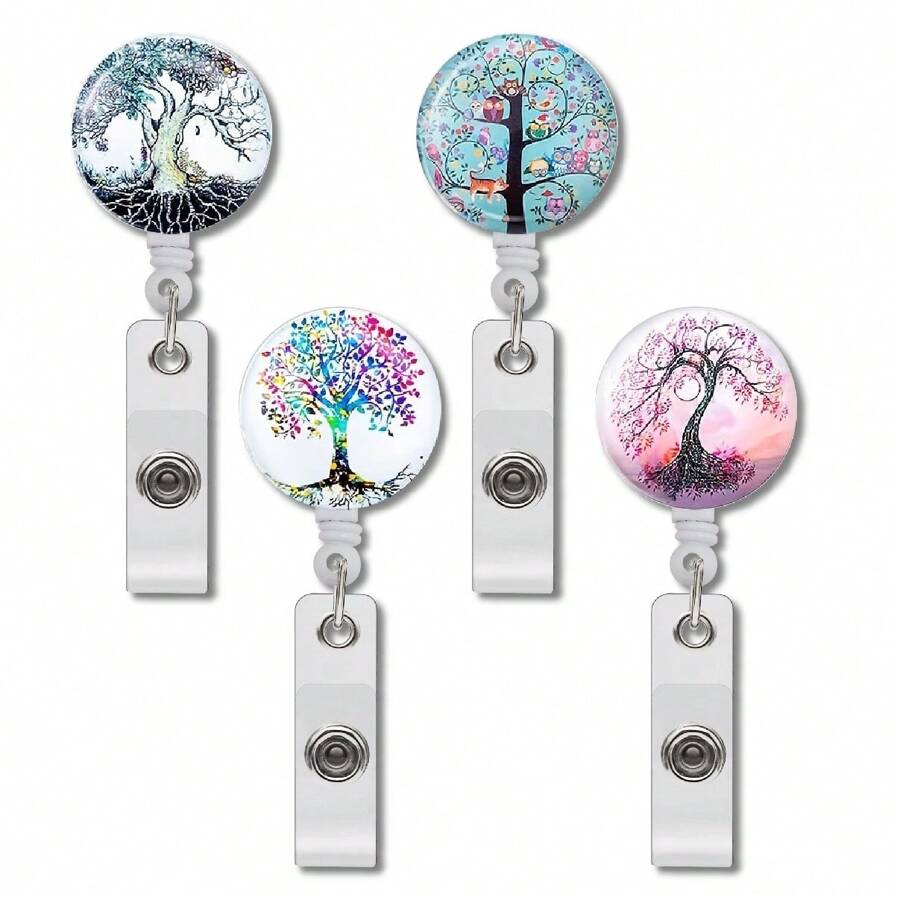 4 Piece Retractable ID Badge Scroll Holder Cute Tree Of Life ID Badge ...