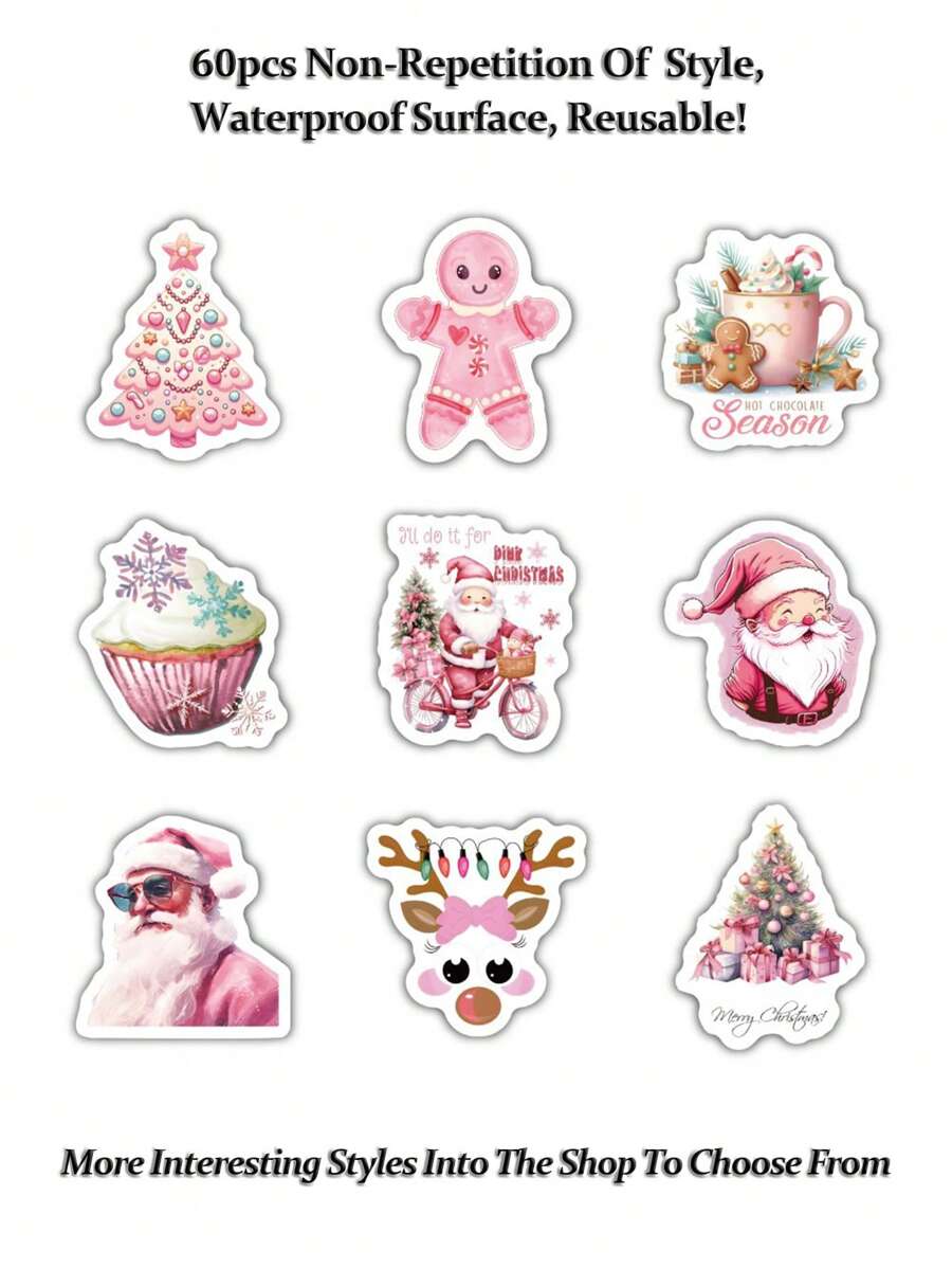 60 pegatinas navideñas en color rosa, pegatinas navideñas, renos ...