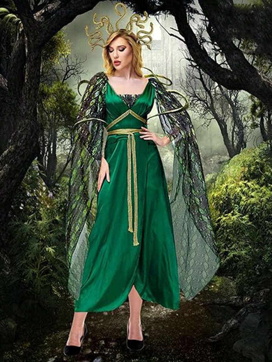 2 Piece Party Performance Costume Medusa Costume Adult Women: Green Medusa Dress With Snake ...