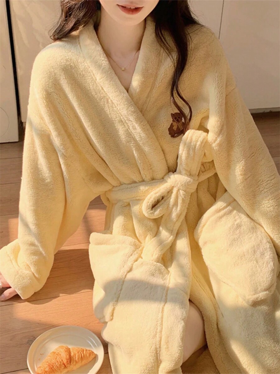1pc New Women Plush Robe, Thickened Coral Fleece Robe, Flannel ...