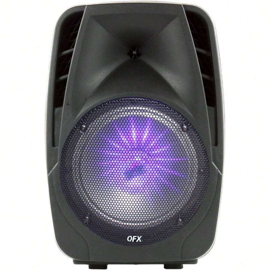 QFX PBX-8074 8" BLUETOOTH RECHARGEABLE SPEAKER WITH LED PARTY LIGHTS, INCLUDES WIRED MICROPHONE ...
