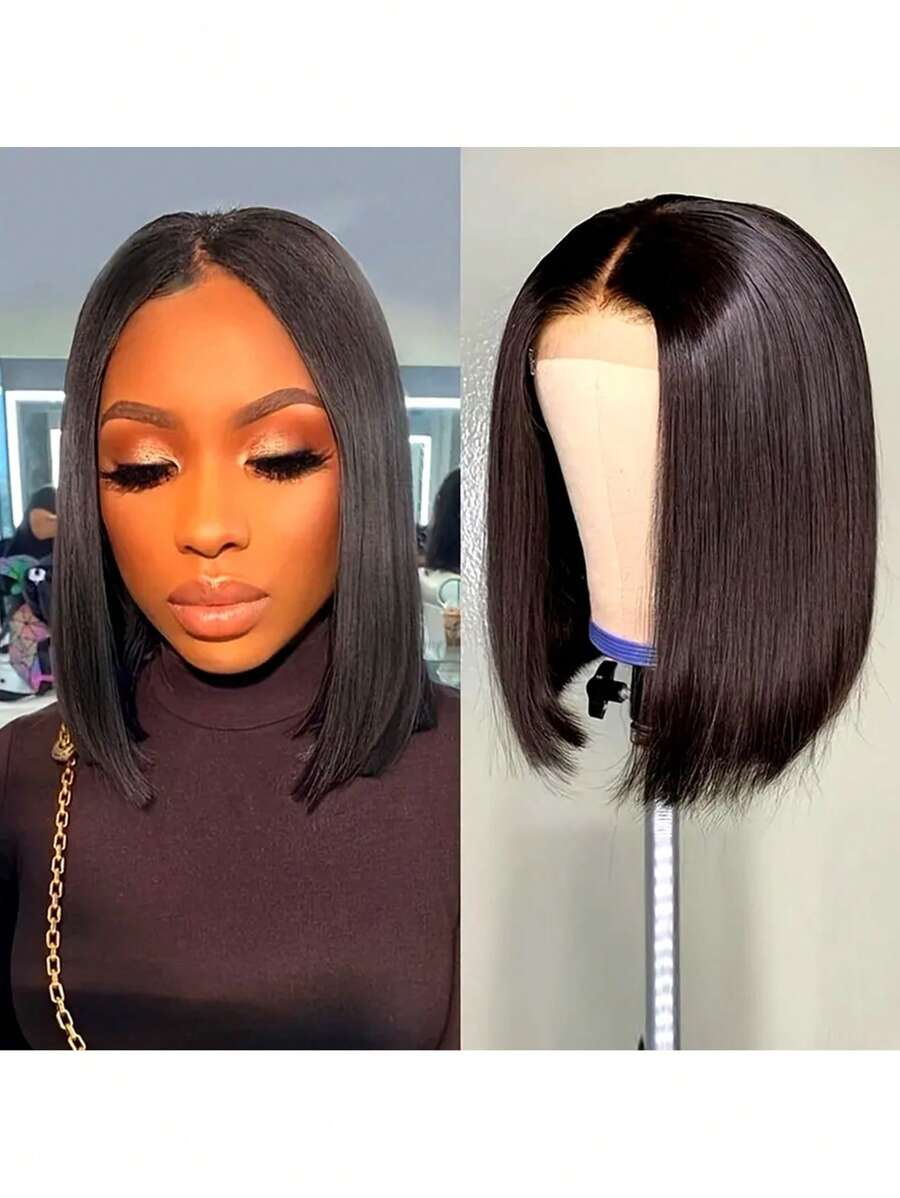 Perruque de cheveux humains lisse au carré de 16 pouces avec fermeture en dentelle 13x4, couleur ...