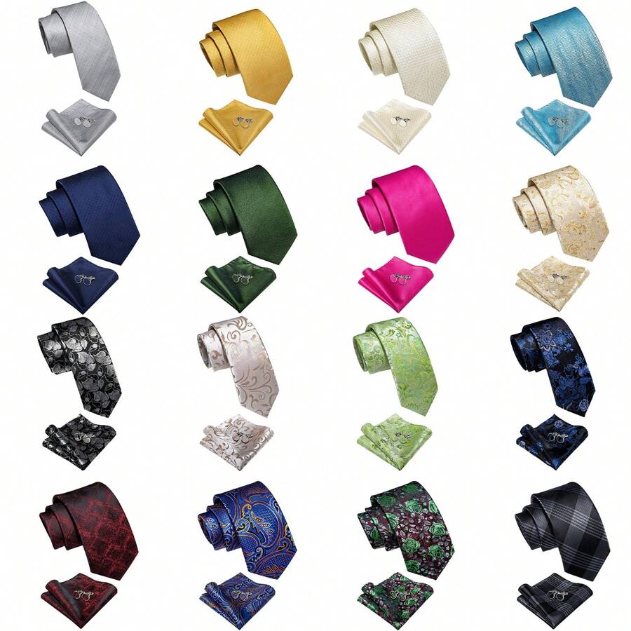 3pcs Men Tie And Pocket Square Cufflinks Set, Plaid Necktie Set For ...