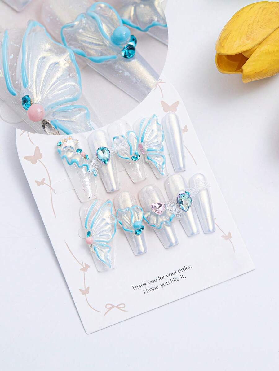 10 Ins Wind Pure Handmade New Wear Nails, Blue Rain Butterfly Handmade ...