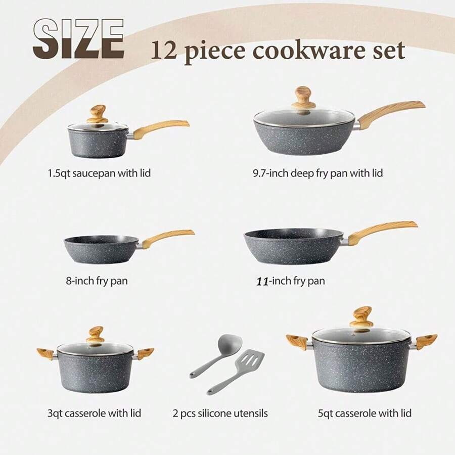 12 Pieces Hammered Cookware Set Nonstick Granite Coated Pots And Pans ...