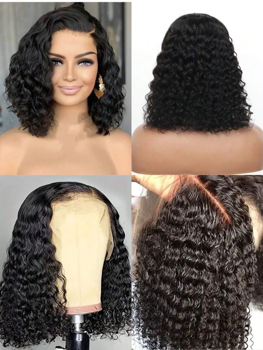 Curly Short Bob Lace Front Human Hair Wigs For Women Deep Wave Side ...