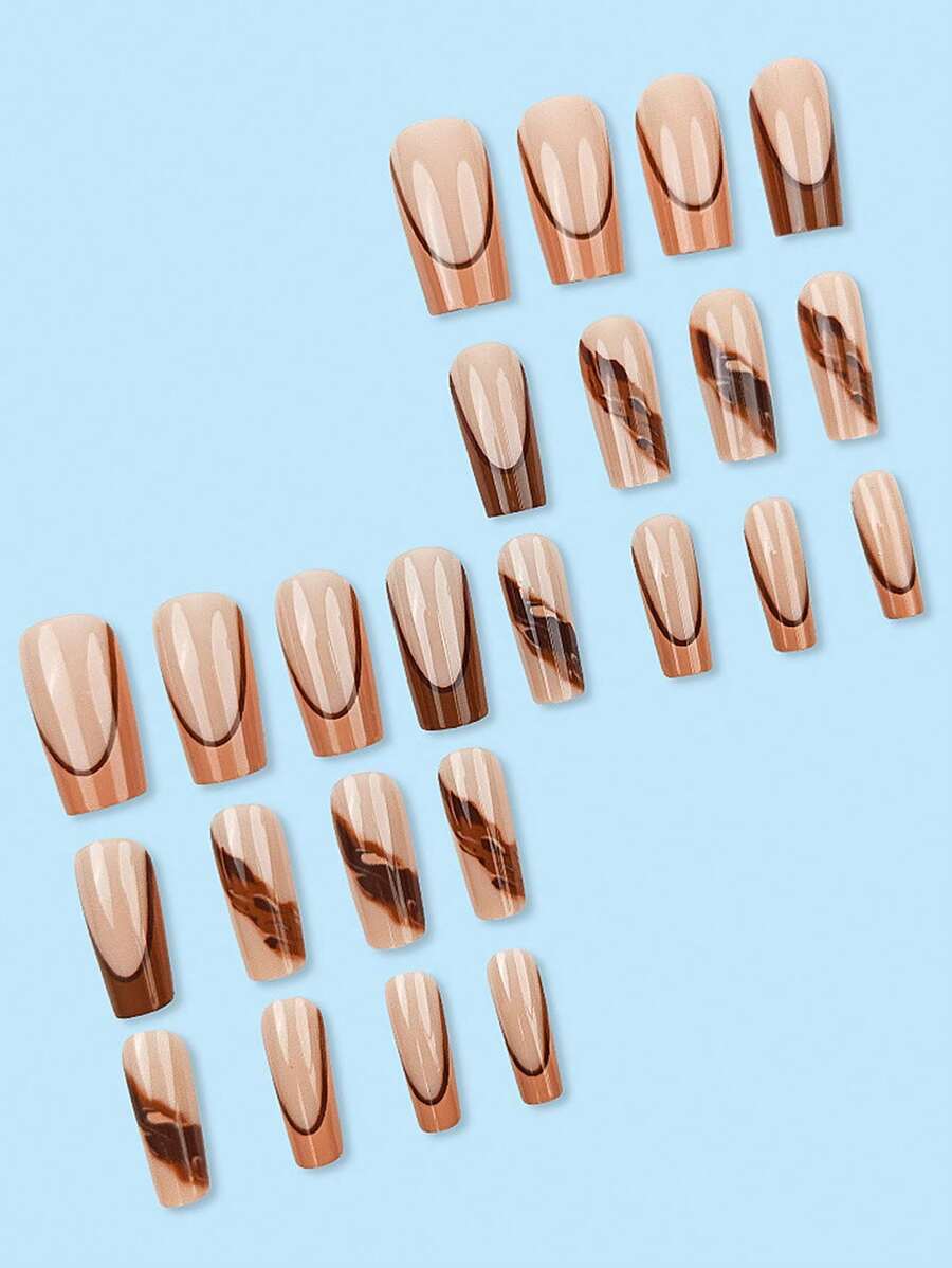 24pcs Medium Coffin Shape Press On Nails French Stripe Stylish Design ...