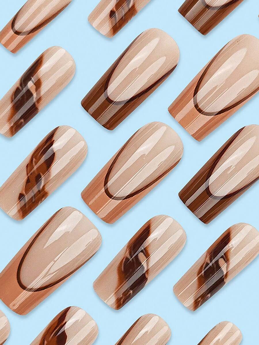 24pcs Medium Coffin Shape Press On Nails French Stripe Stylish Design ...