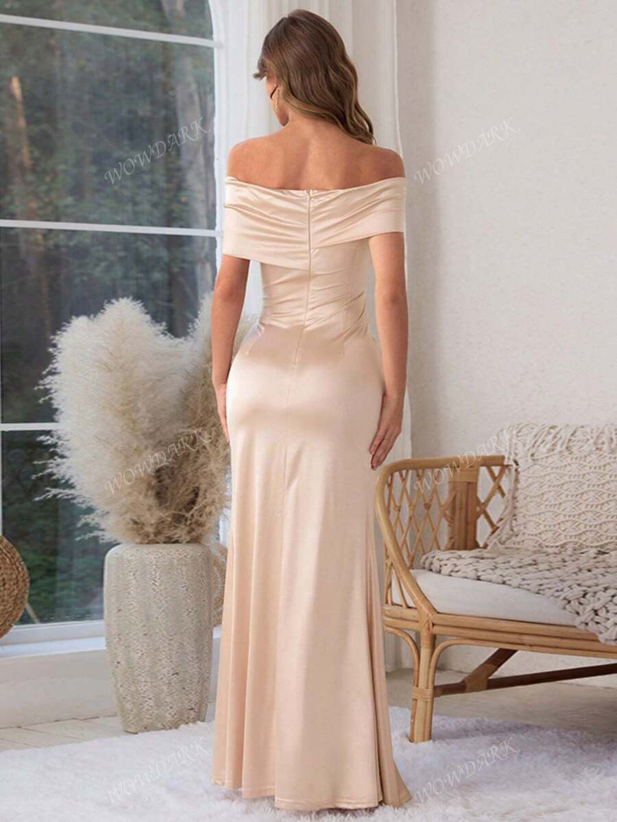 Women's Spring Off Shoulder Solid Color Ruched High Slit Elegant Dress, Wedding Guest Dress ...