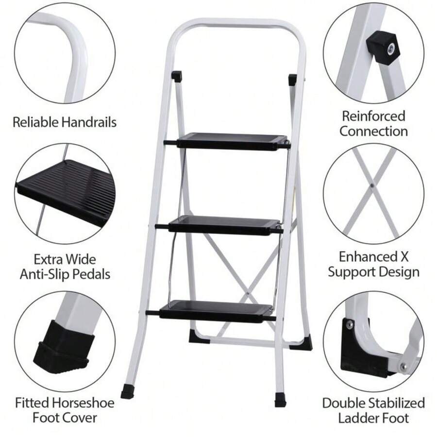 SuperDeal 3 Step Metal Frame Ladder Folding Step Stool Wide Anti-Slip ...