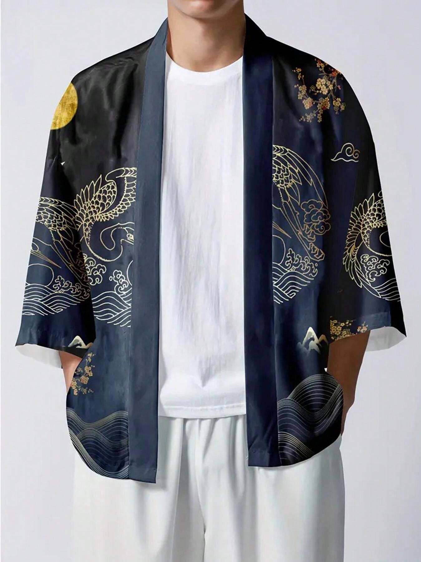Men's Autumn Moon And Crane Pattern Haori Kimono Jacket | SHEIN EUR