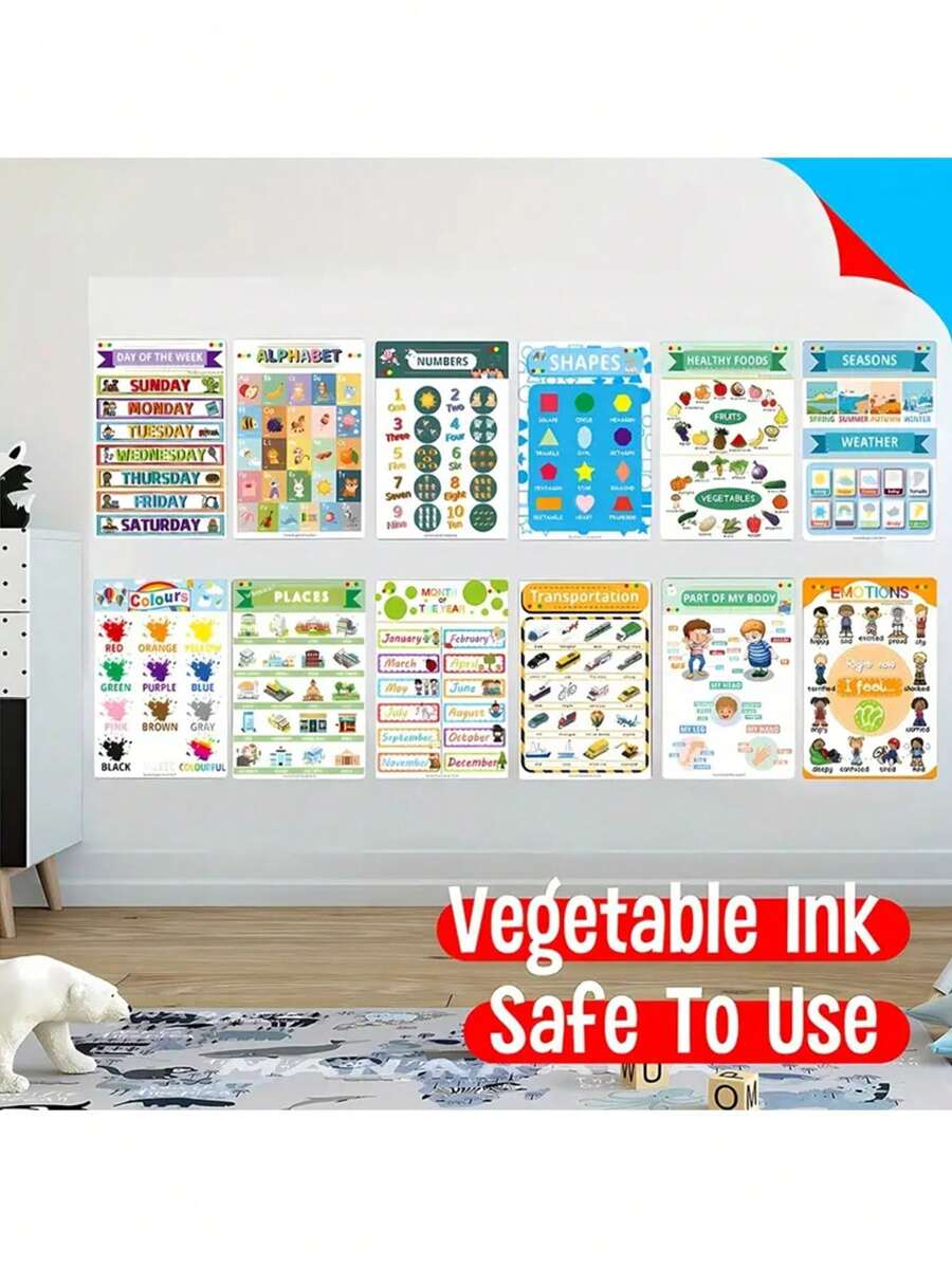 1 Set Of 12 Early Education Wall Charts, Cartoon Cute Wall Stickers ...