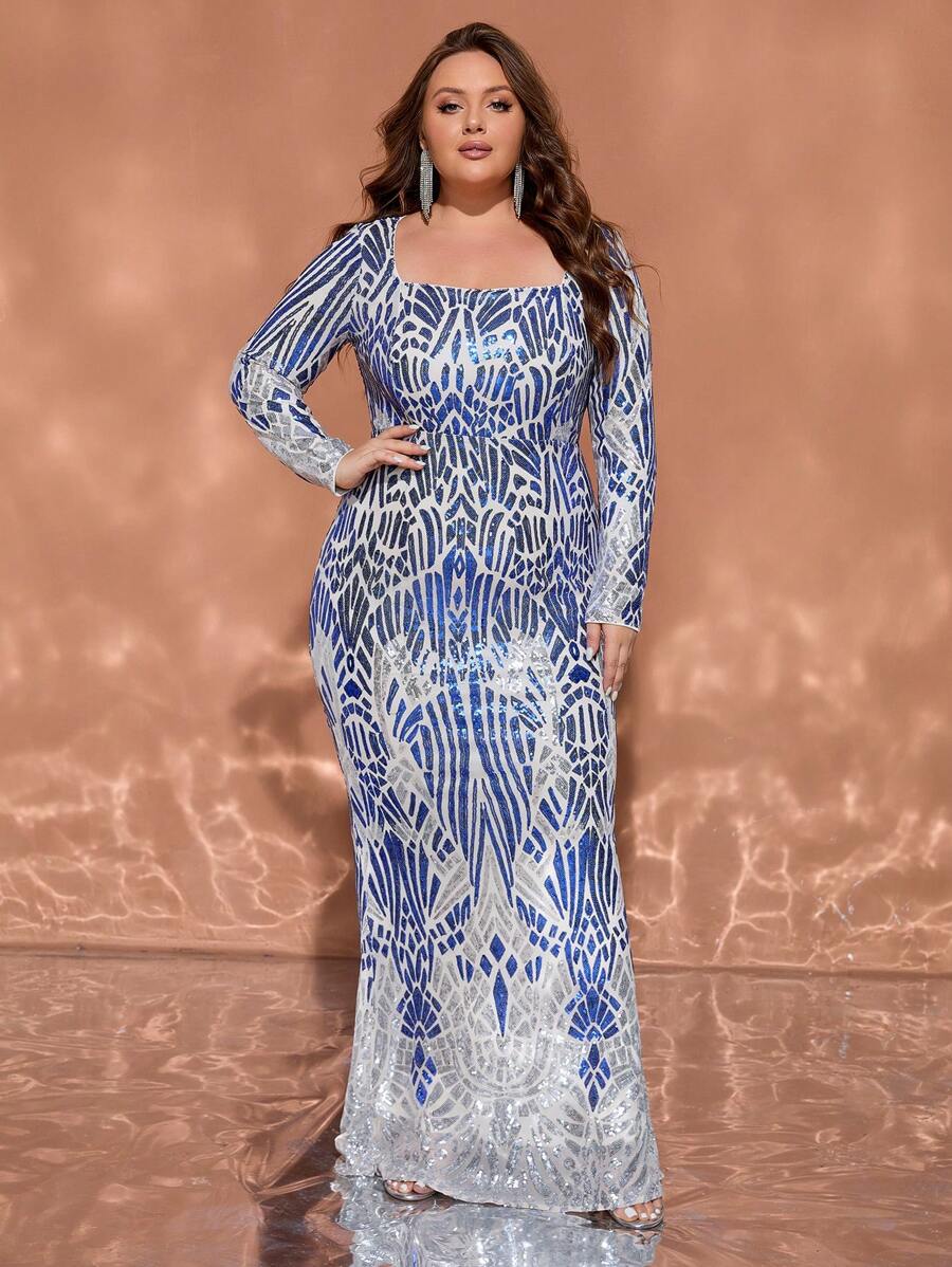 Long Sleeve Square Neck Sequin Dress, Plus Size Evening Gown (Front Top ...