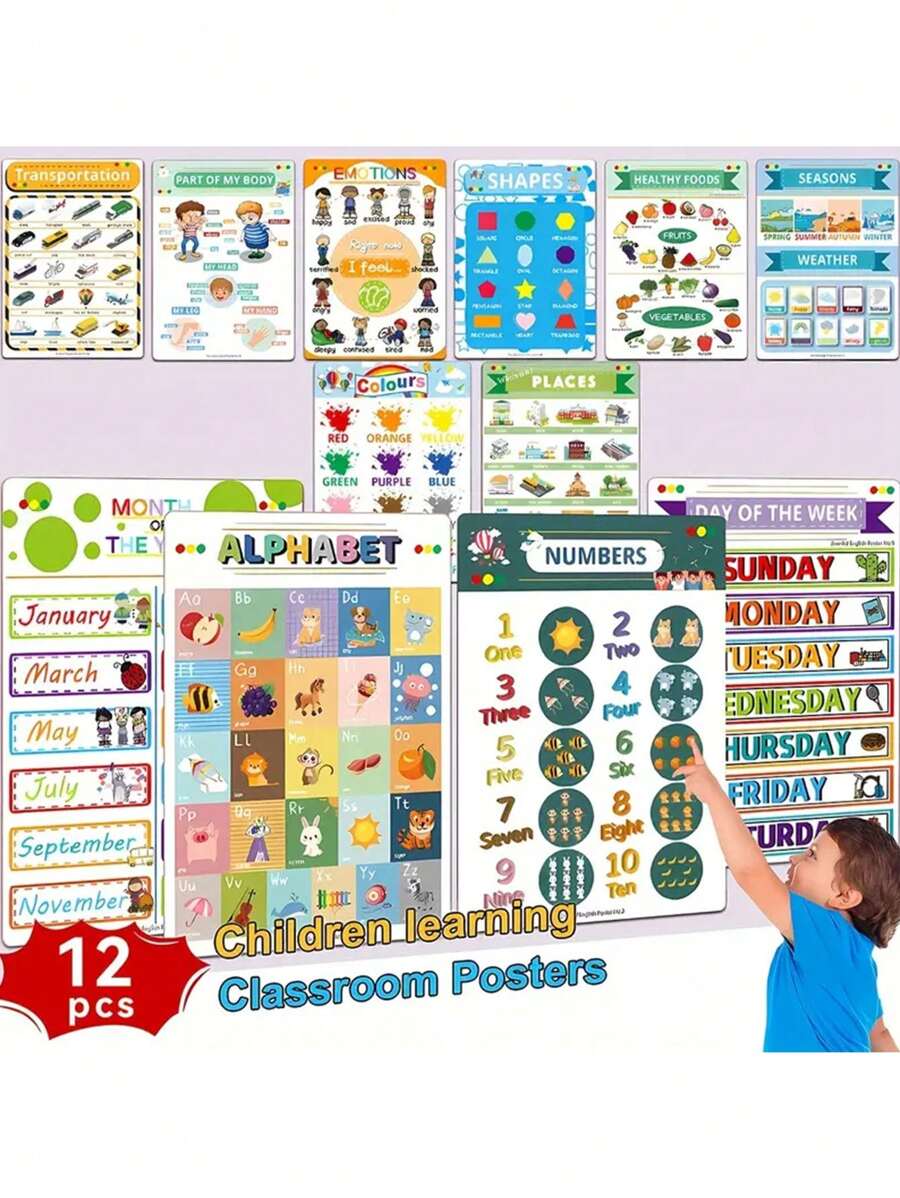 1 Set Of 12 Early Education Wall Charts, Cartoon Cute Wall Stickers ...