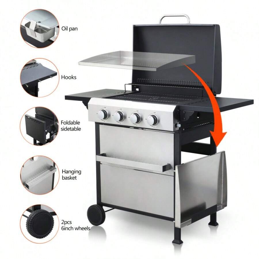 4-Burner Propane Gas BBQ Grill, SS Plancha, 49200BTU Output With Wire ...