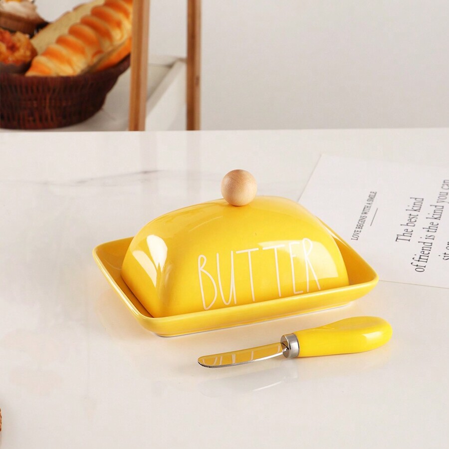 Porcelain Butter Dish With Lid & Knife, Covered Butter Container With Handle Design For ...
