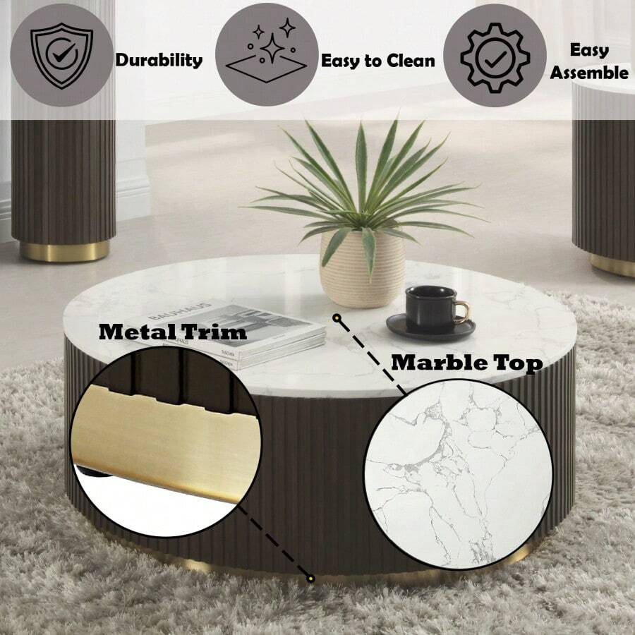 Clayten Round Coffee Table With Engineering Marble Top And Espresso ...