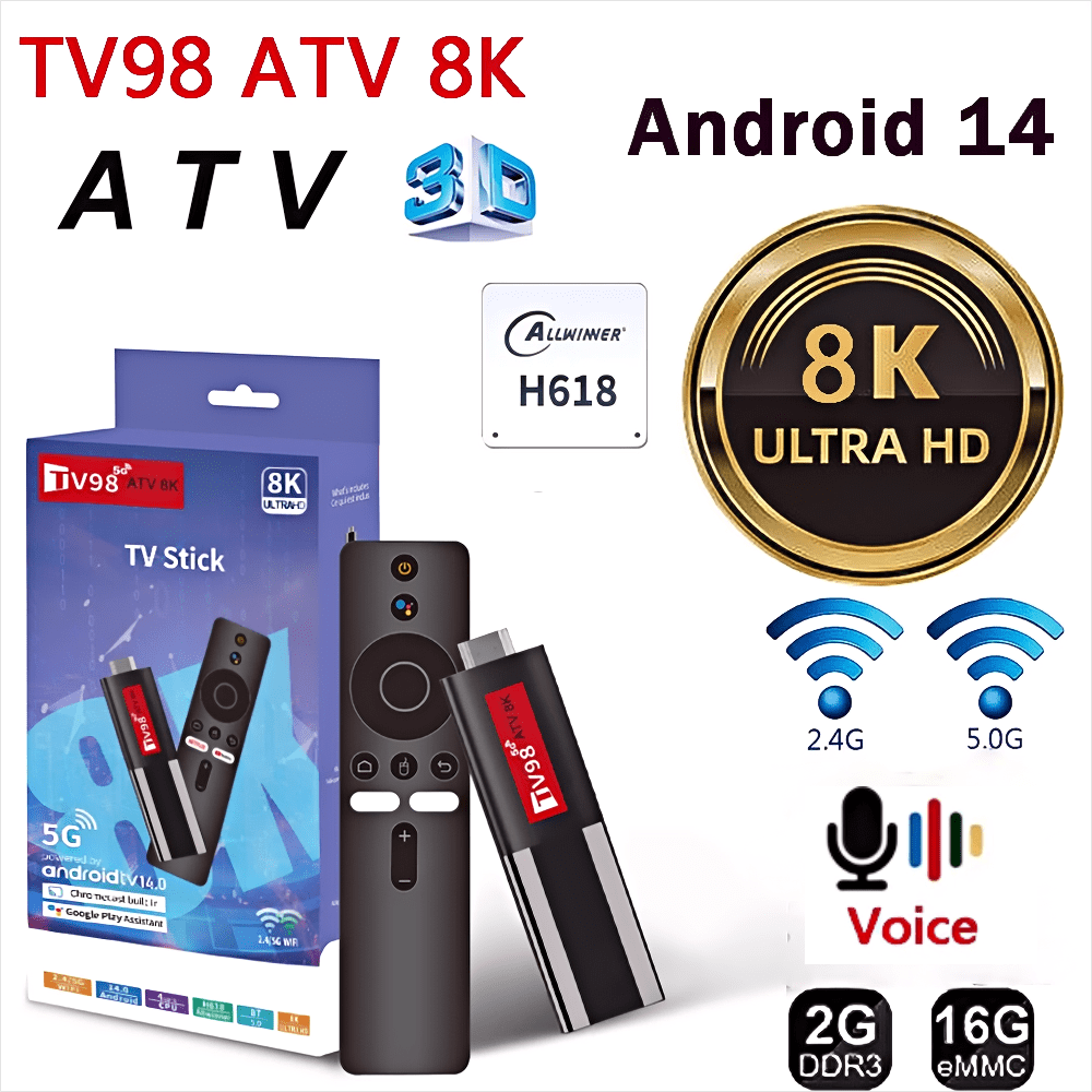 Q96 OHP Une télévision TV98 ATV Mini Stick Android 14 Allwinner H618 Quad Core Cortex A53 8K HDR ...