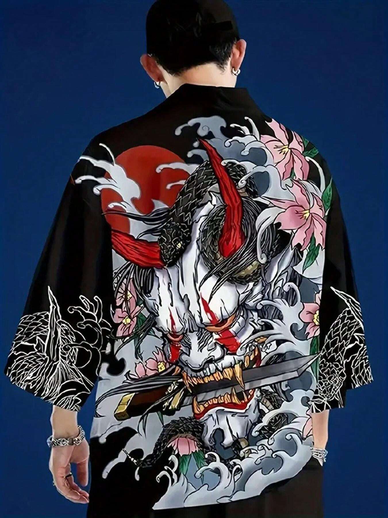 Men's Autumn Black Snake & Demon Hannya Samurai Kimono Jacket | SHEIN UK