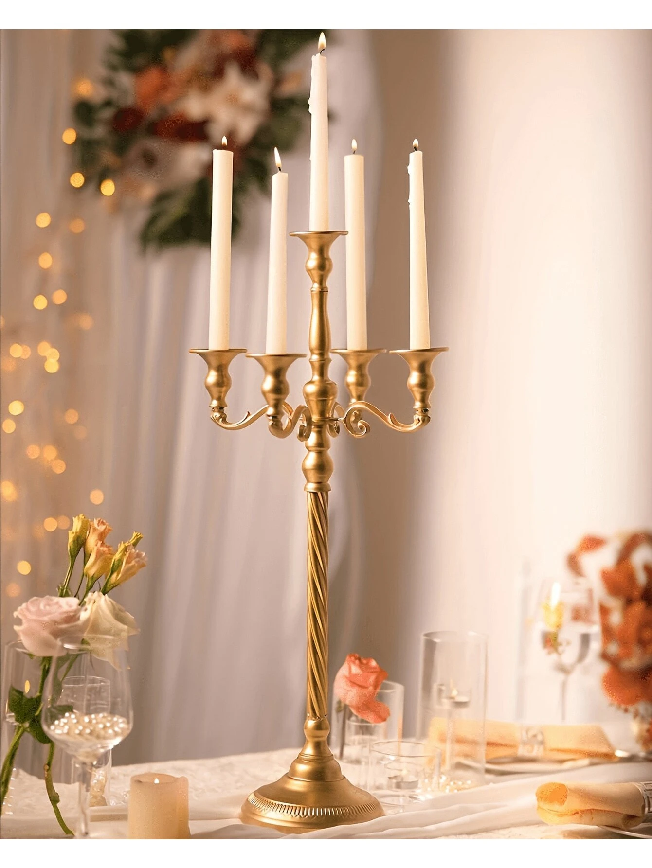 1 Pc Tall 5 Arm Gold Candelabra Centerpiece For Table, 24.8'' Metal ...