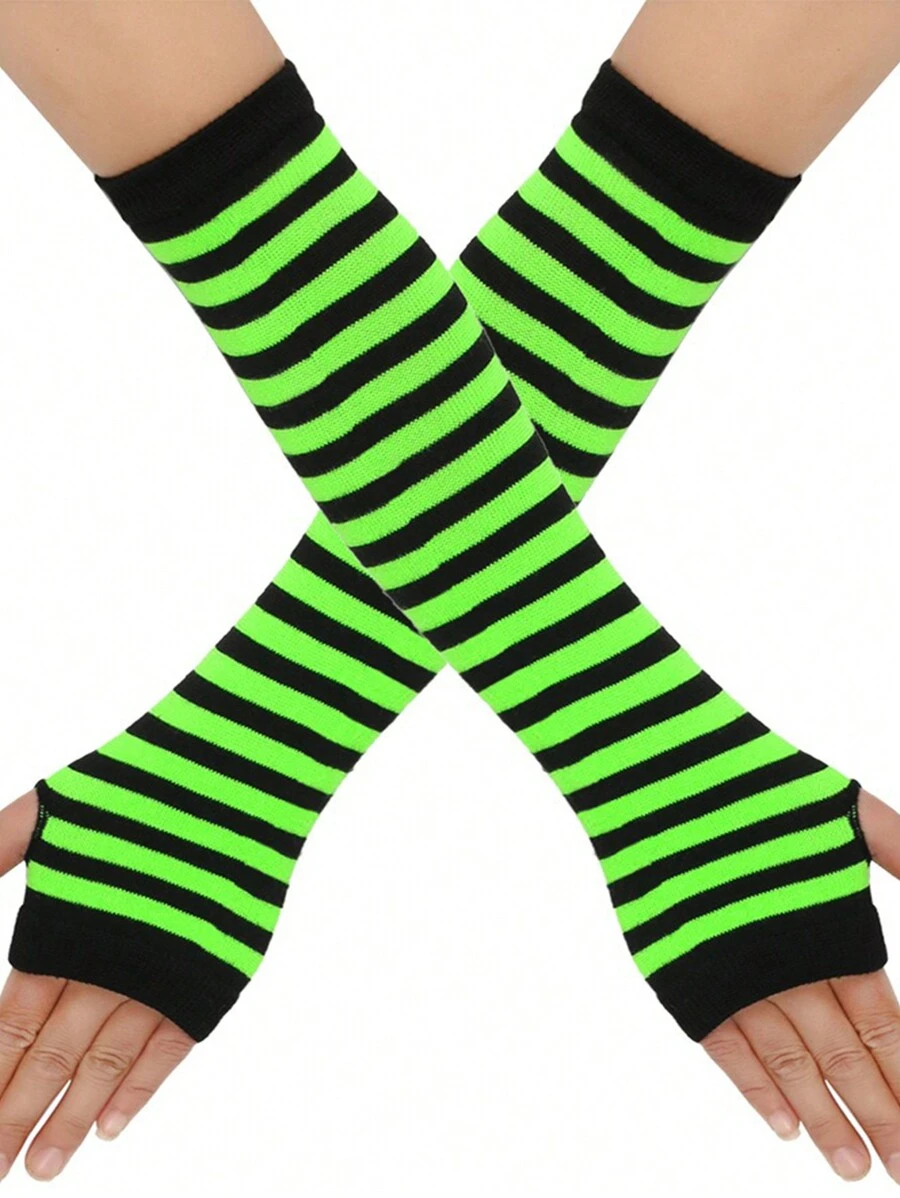 1 Pair Fingerless Gloves Arm Warmers, Striped Long Arm Sleeves For ...