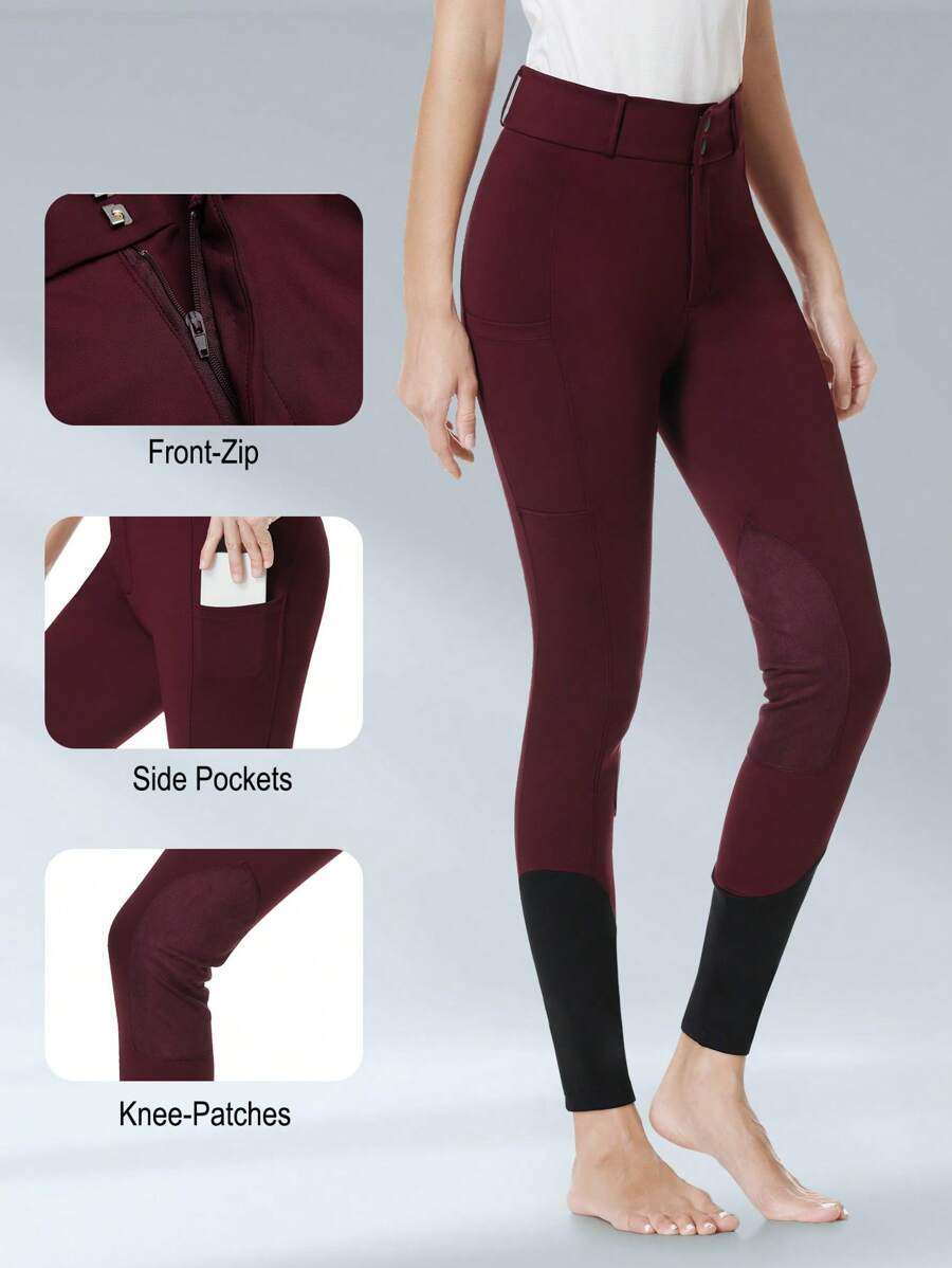 BEROY 女性用馬乗りパンツ膝パッチ付きEquestrian乗馬ズボンフロントジップ馬乗り通学用タイツベルトループ付きポケット ...