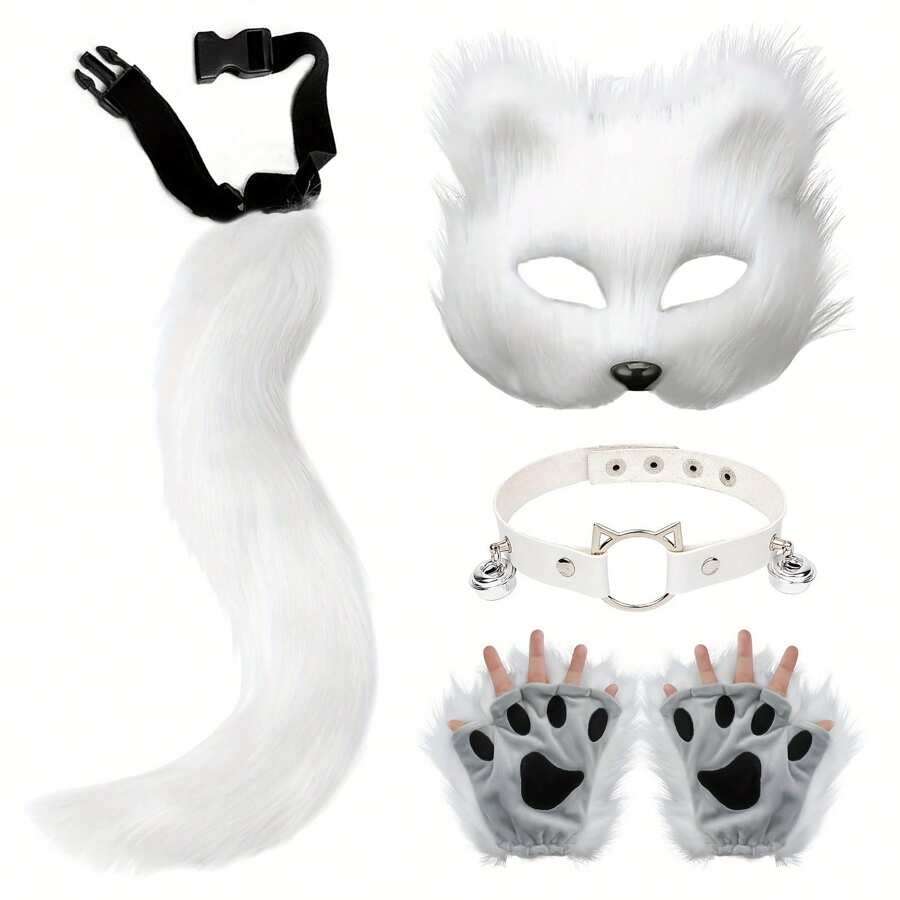 Fluffy Fur Fox Tail Keychain Cat Paws Gloves And Wolf Therian Mask Set ...