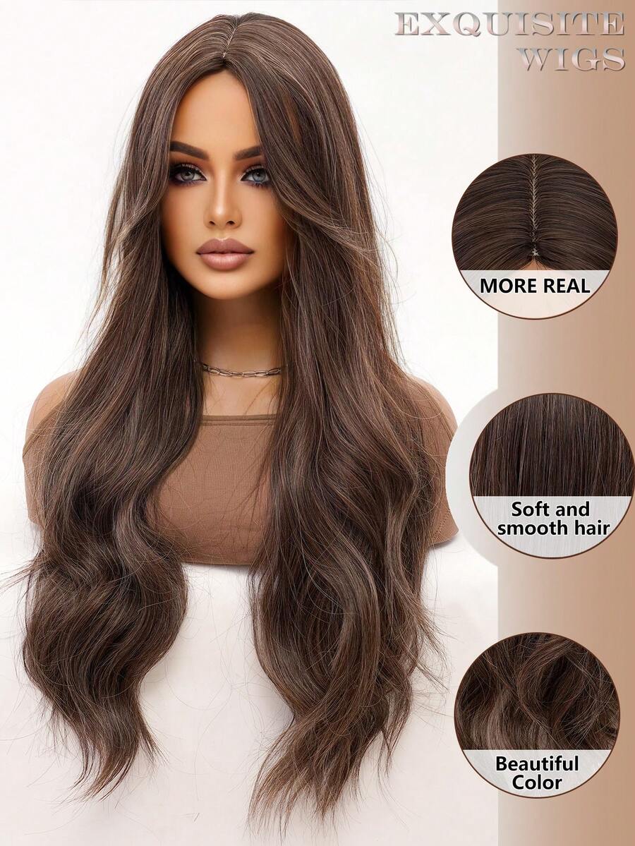 clouder Long Brown Hair Wavy Synthetic Wig Women's African Linen Brown ...