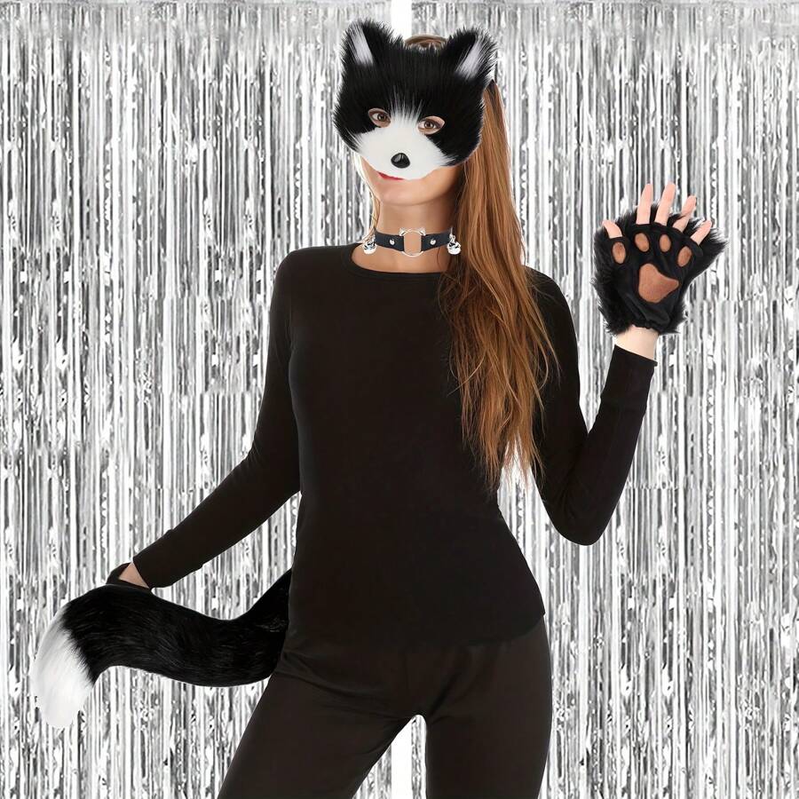 Fluffy Fur Fox Tail Keychain Cat Paws Gloves And Wolf Therian Mask Set ...