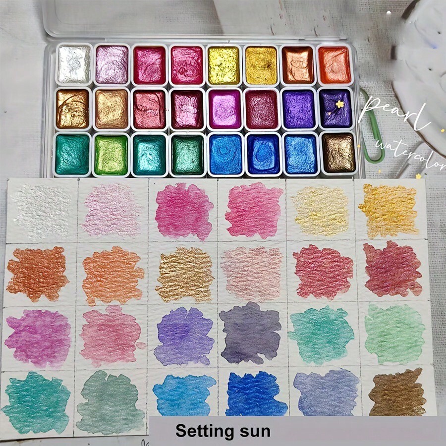 24-Color Pearl Watercolor Paint Set - Solid Pigment Blocks For ...