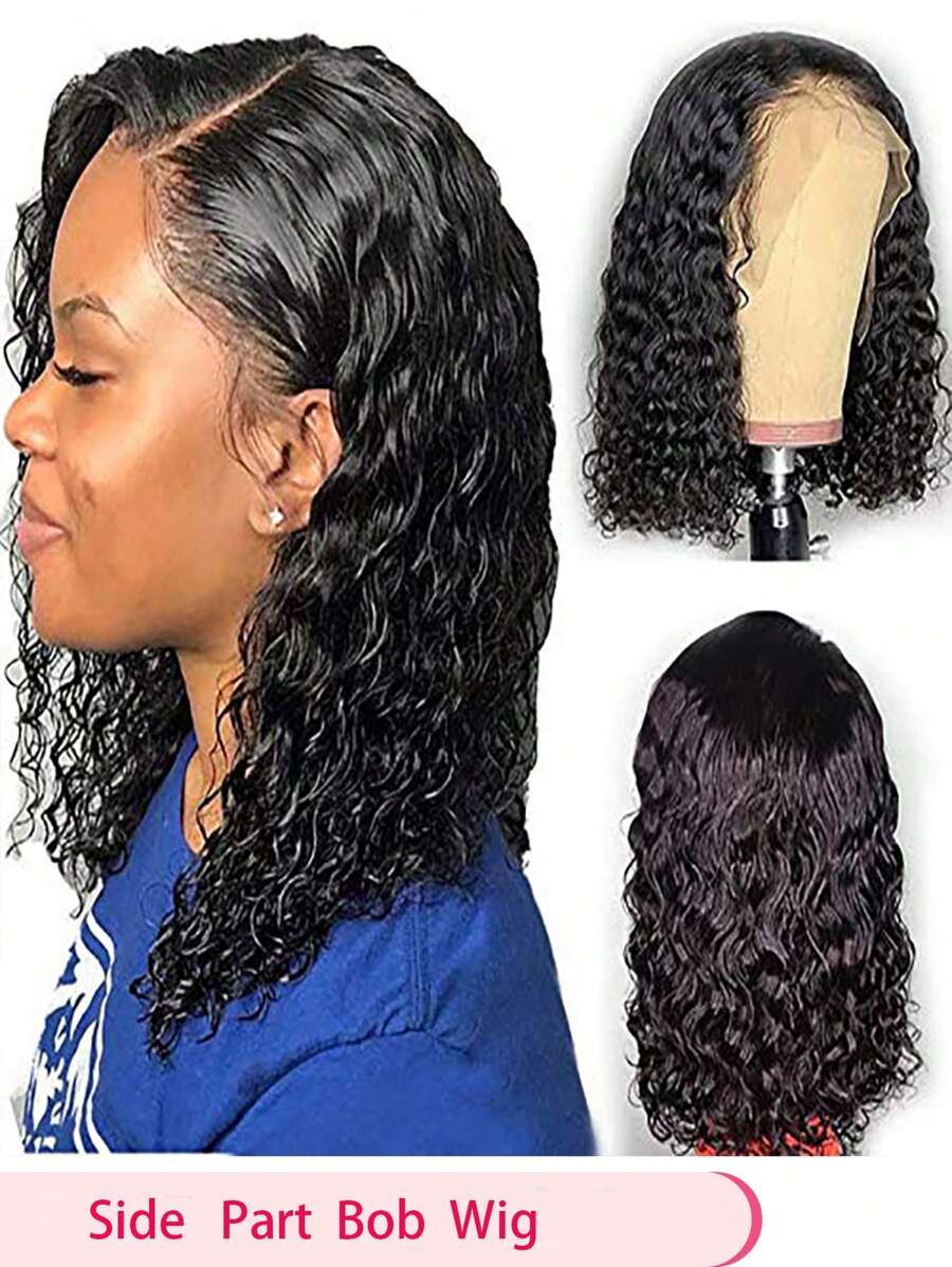 Lace Front Human Hair Wigs Curly Bob Wig Black Hair Lace Water Wave Wig ...