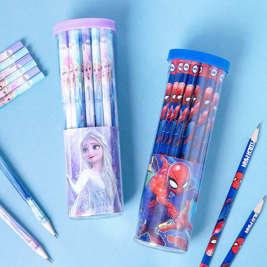 30pcs Disney Bucket Filled HB Round Body Pencils, Elsa & Spiderman Sets ...
