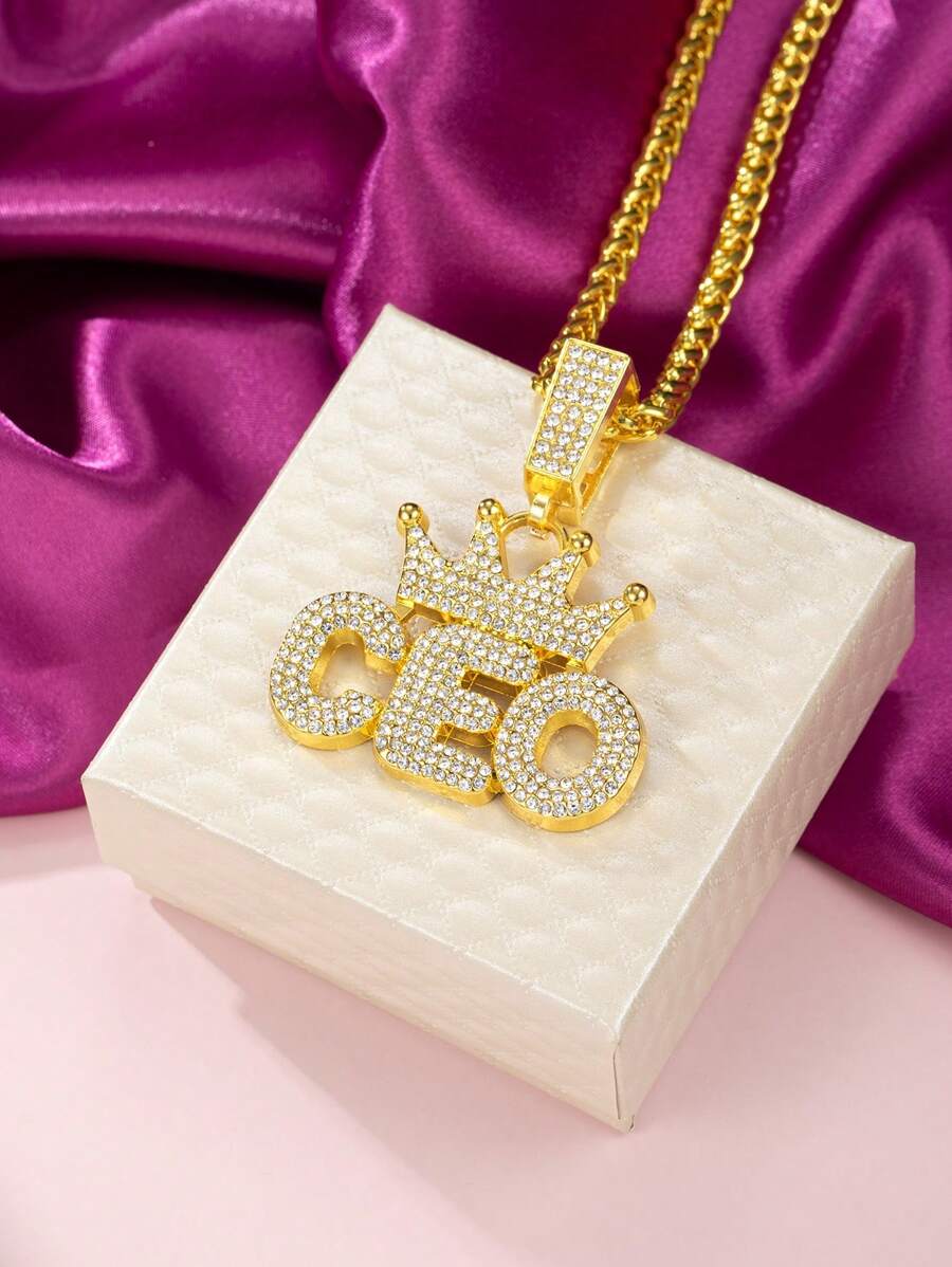 1pc Rhinestone Crown CEO Pendant Necklace, Hip Hop Style Thick Chain ...