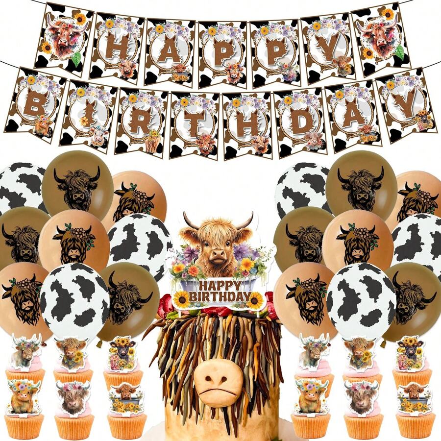 33 Pcs Highland Cow Cattle Theme Birthday Party Decorations Banner ...