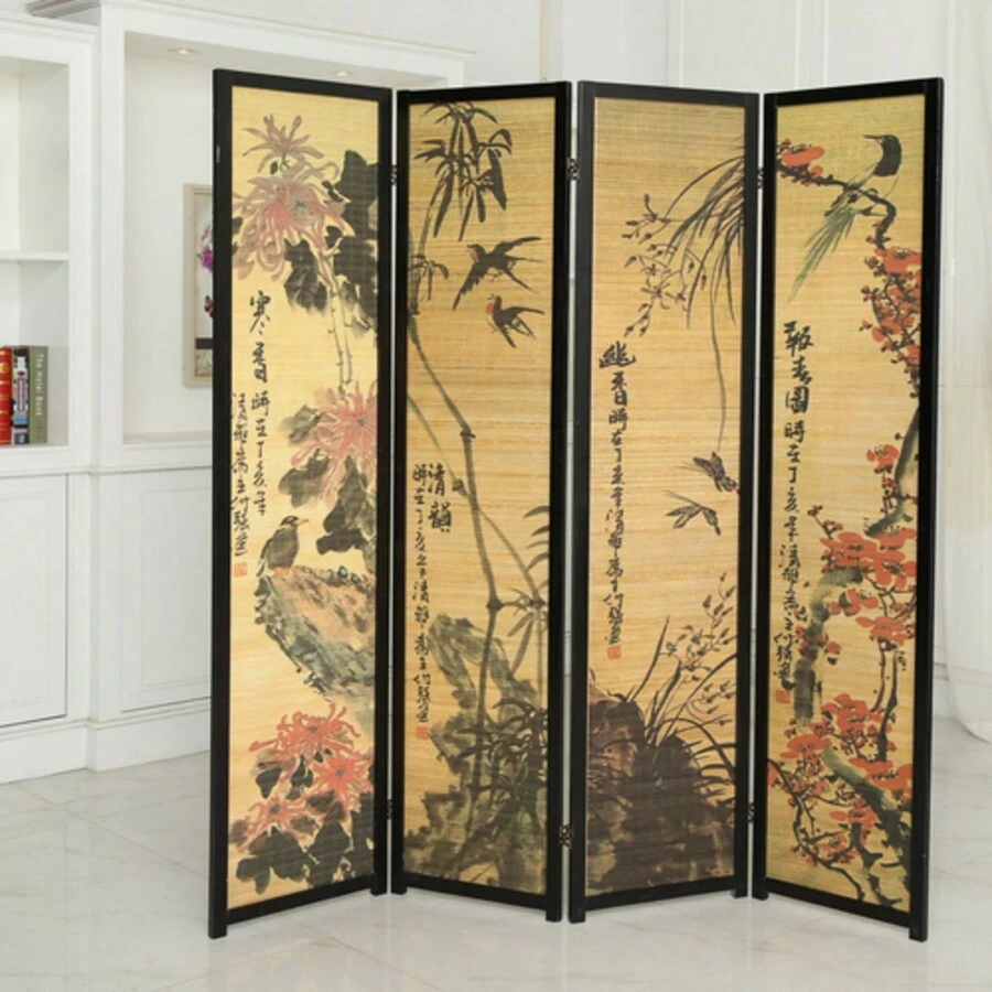 Chinese Calligraphy Design Bamboo Room Divider, Decorative 4 Panel ...