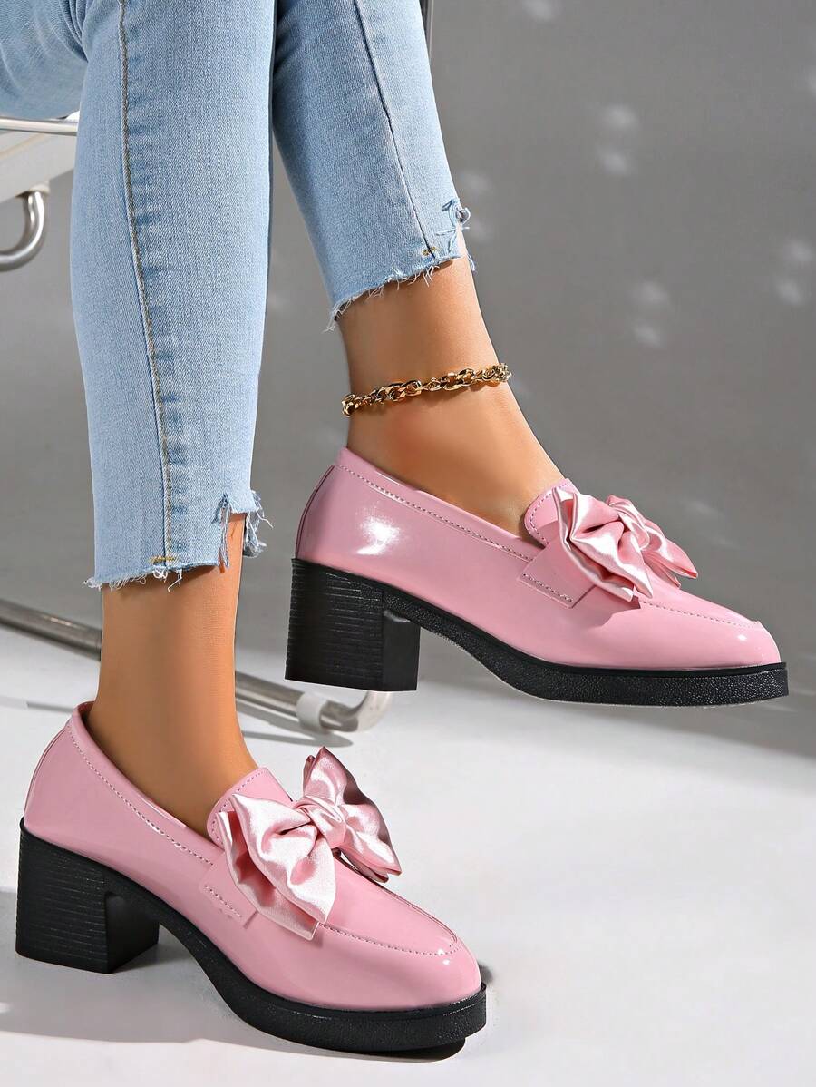 Chaussures compensées de luxe pour dames, en cuir rose brillant, nœud ...