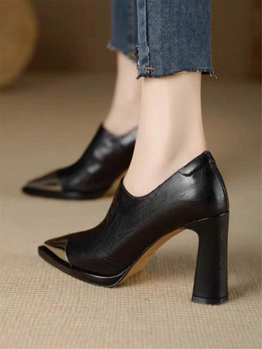 Women's Trendy Pointy Toe Thick Heel Metal Spliced High Heel Shoes for ...