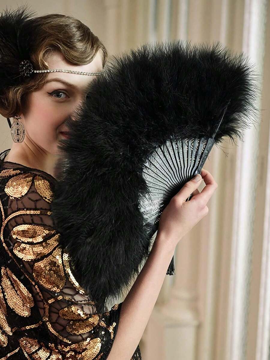 1pc Vintage Feather Folding Hand Fan, 20s Style, Suitable For Costume ...