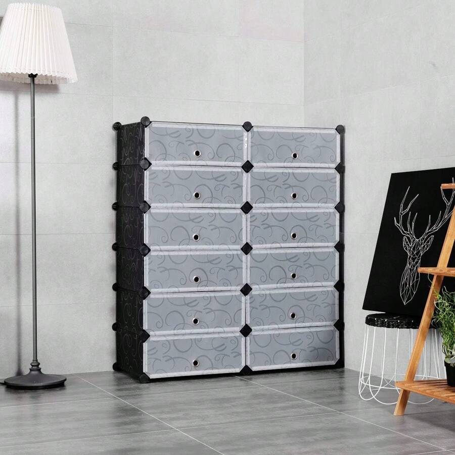 Shoe Rack Organizer, 12-Cube Modular Plastic Shoes Storage Cabinet With ...