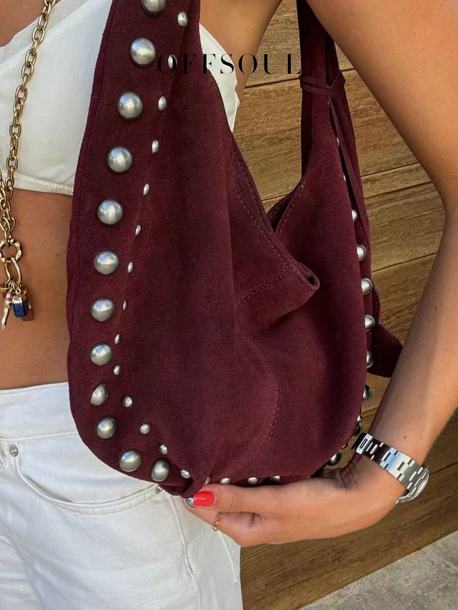 New Suede-Like Crescent Moon Shaped Shoulder Bag, Fashion Studded Rivet ...