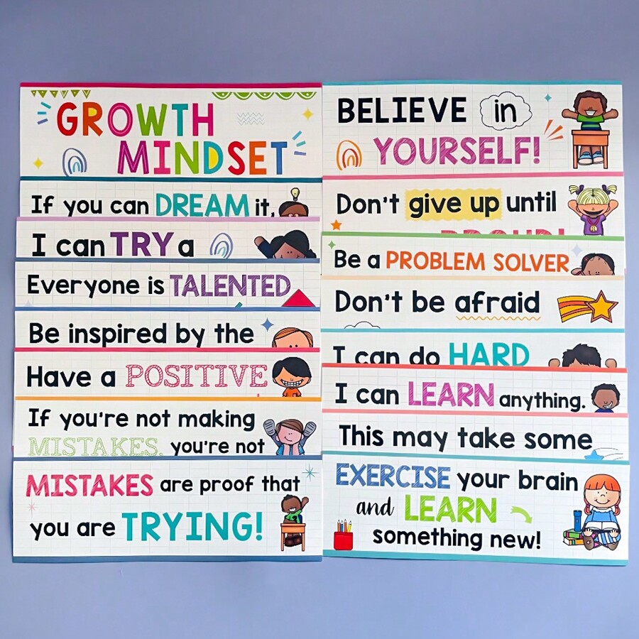 16PCS Classroom Bulletin Board Decor Posters,Children Growth Mindset ...