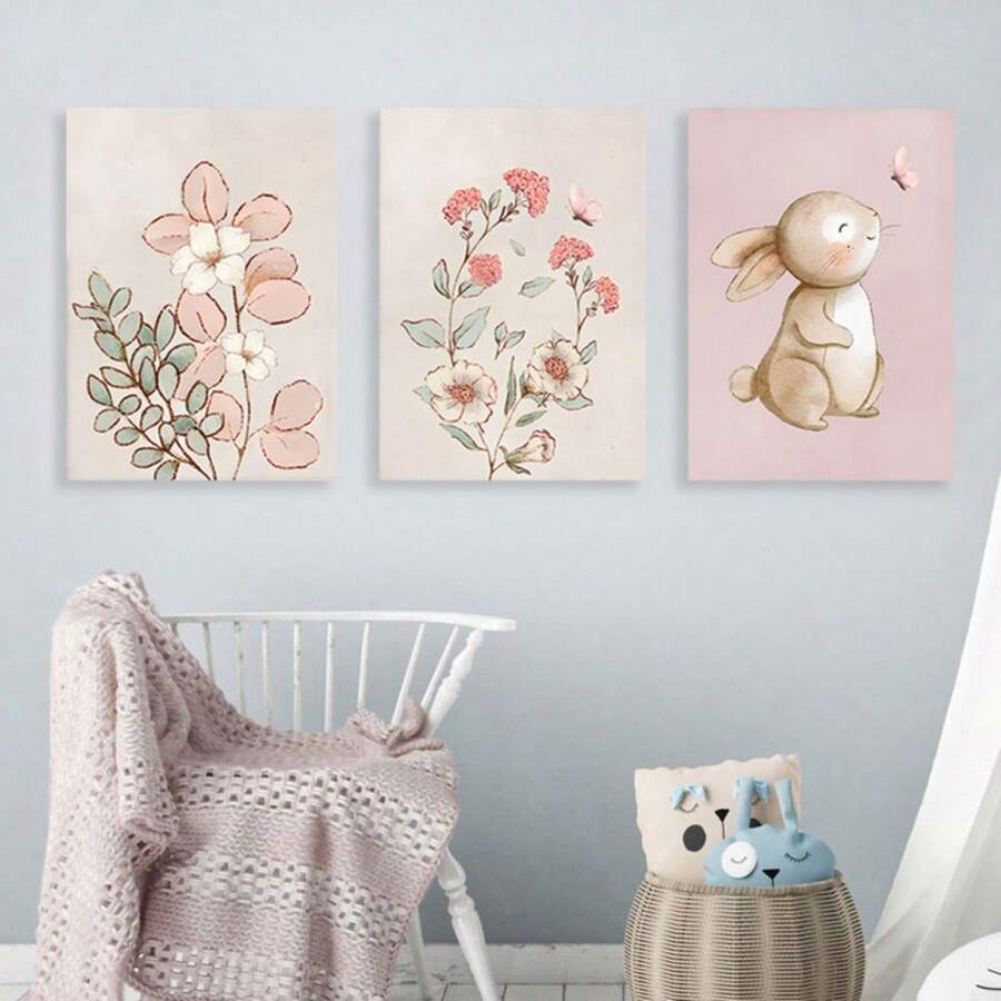 Framed 3pcs Rabbit Nursery Prints, Plant Rabbit Posters, Baby Girl ...