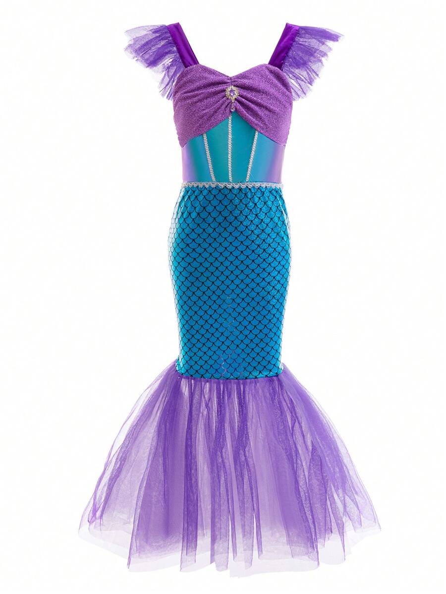 Tween Girl Mesh Contrast Cap Sleeve Mermaid Princess Party Dress, For ...
